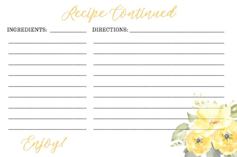 Yellow Floral Recipe Card Template, Bridal Shower Recipe Card ...