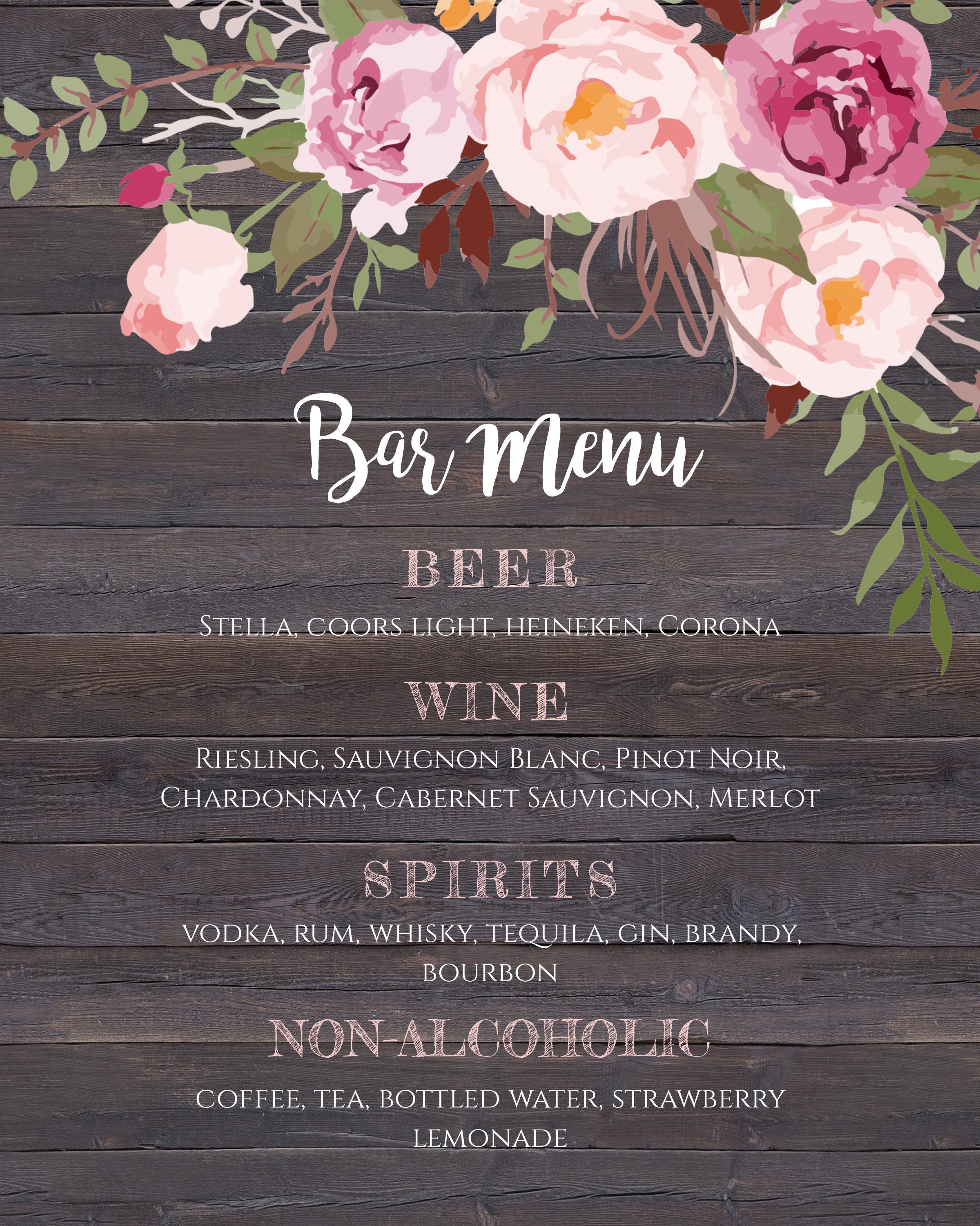 Rustic Floral Bar Menu Sign Template Pink Floral Drinks Sign | Etsy