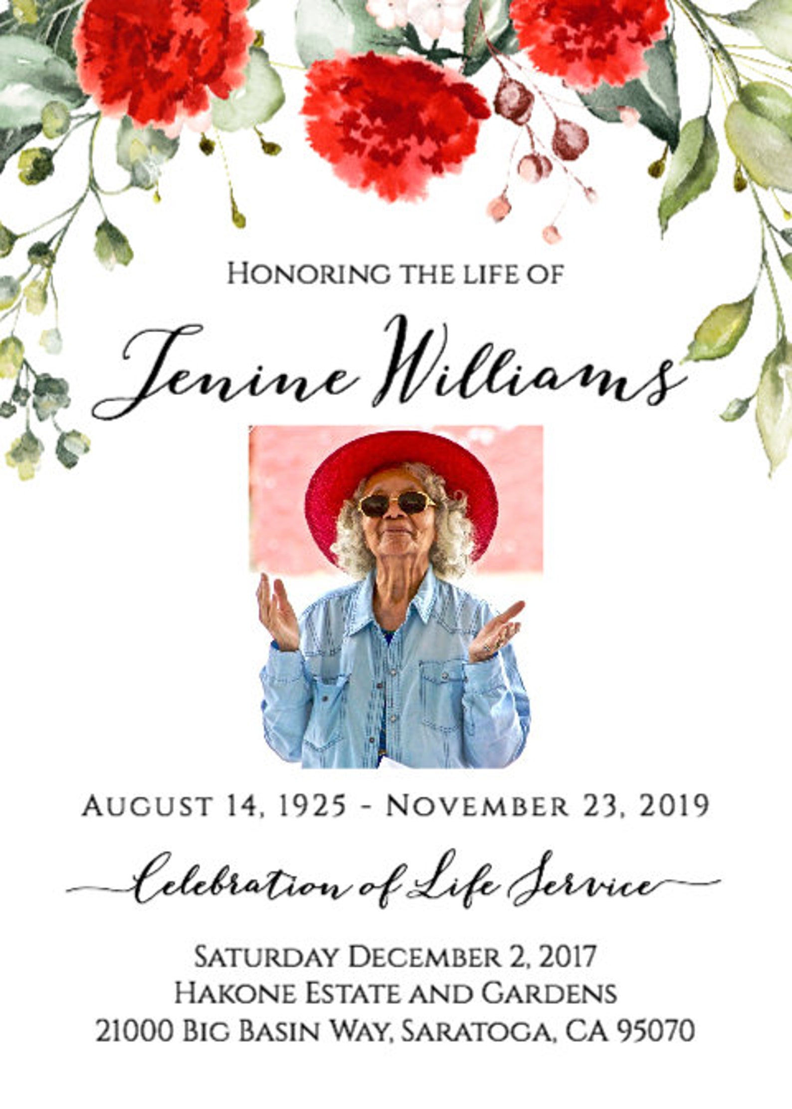 Red Floral Funeral Program Greenery Memorial Program - Etsy