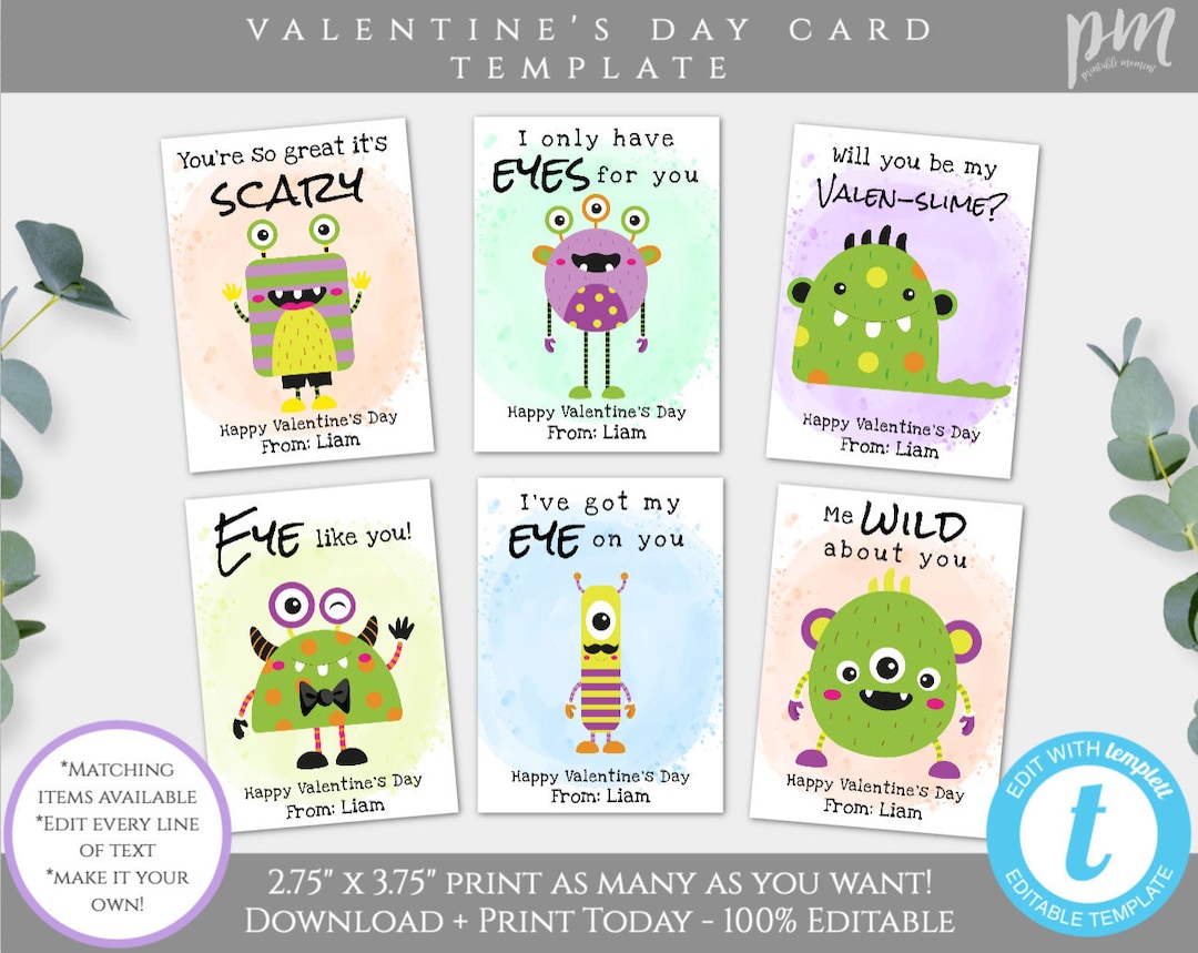 Monster Valentines Day Card Template, Monster Valentines Cards for Kids ...