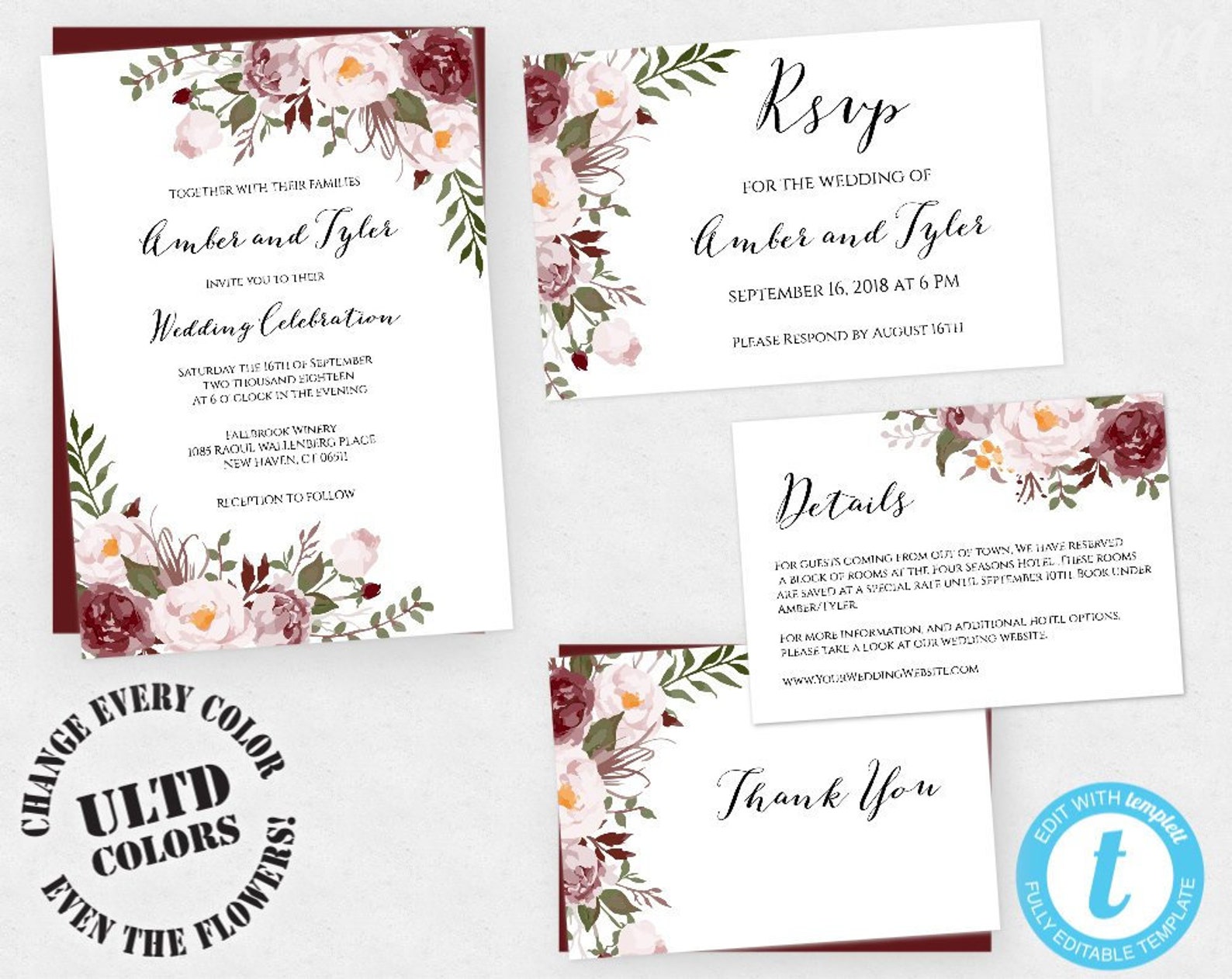 Burgundy Floral Wedding Invitation Template Set Red Floral - Etsy