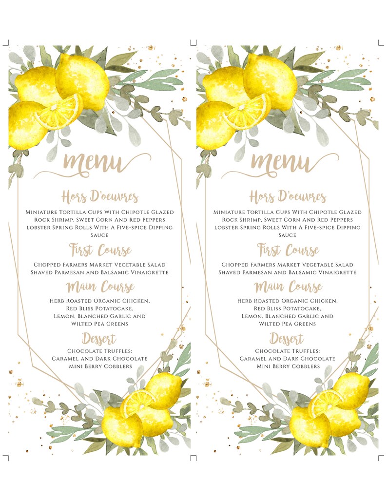 Lemon Menu Template, Printable Citrus Menu, Lemon Bridal Shower Menu ...