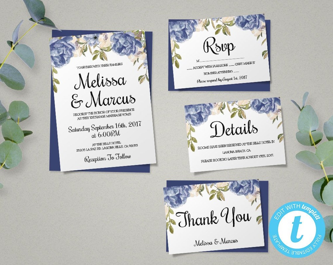 Blue Floral Wedding Invitation, Floral Wedding Invitation Suite ...
