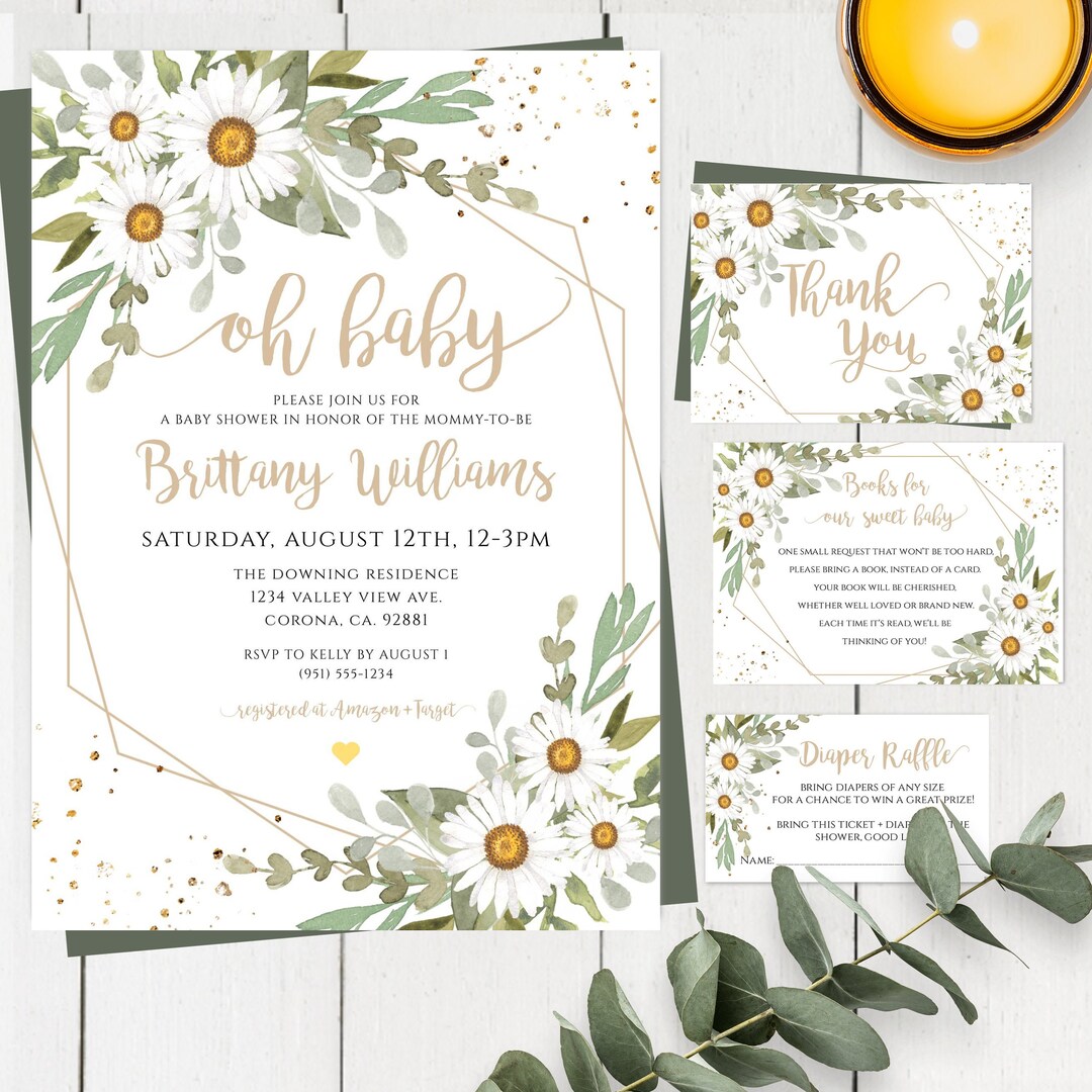 Daisy Baby Shower Invitation Template Set, Editable Gold Geometric Baby ...