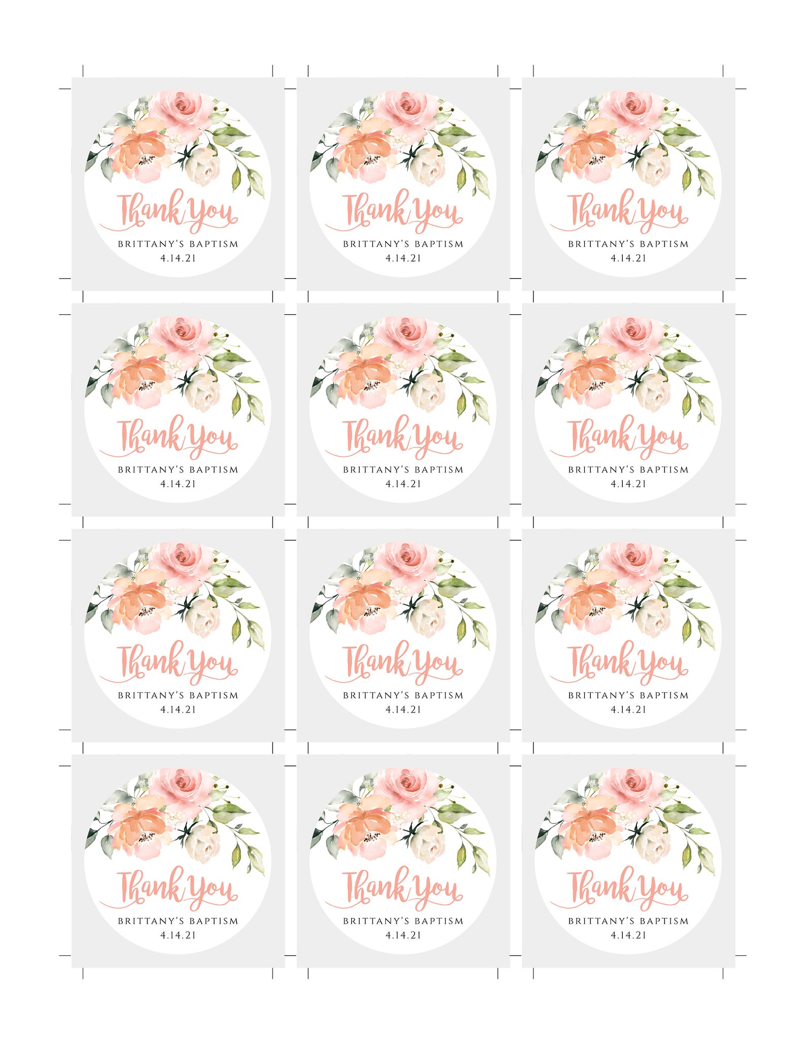 Peach Floral Thank You Favor Tag Template Set, Printable Gift Tag ...