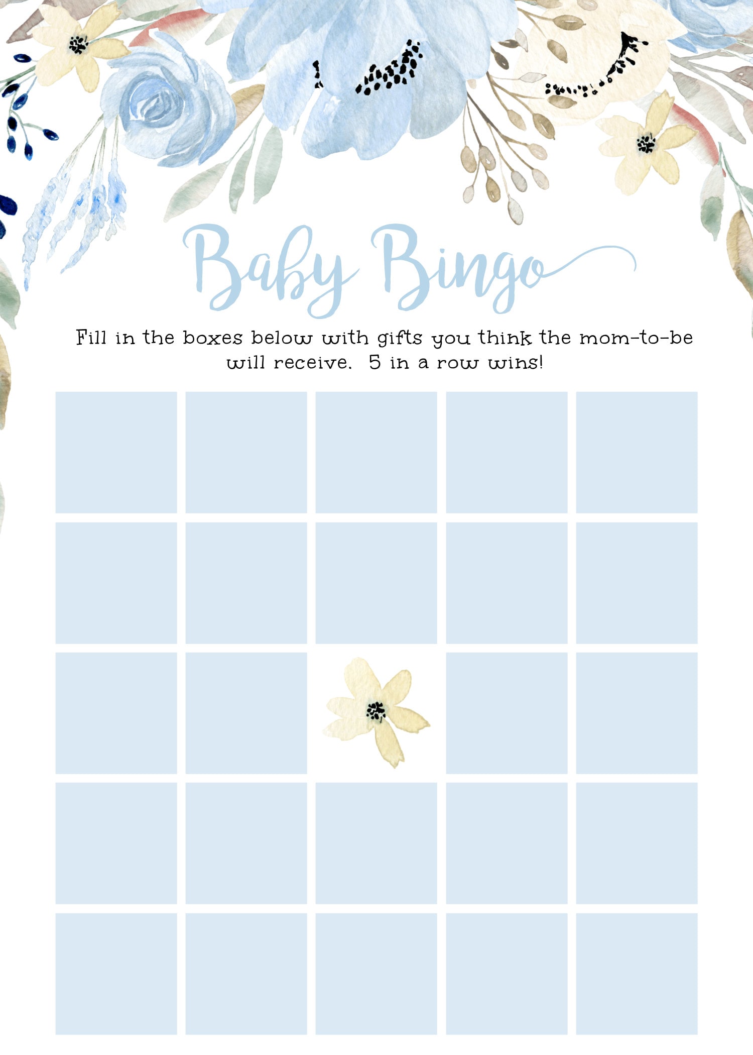 Blue Floral Baby Bingo Game Template for Boy Baby Shower - Etsy