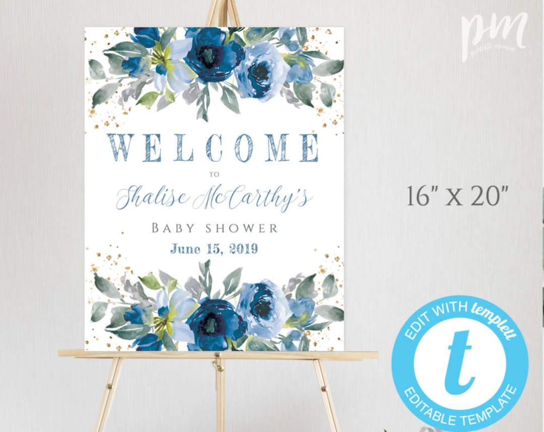 Blue Floral Baby Shower Welcome Sign Template for Boy, Welcome Poster ...