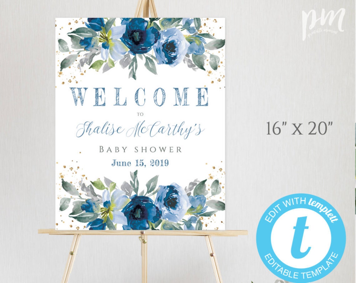 Blue Floral Baby Shower Welcome Sign Template for Boy Welcome - Etsy