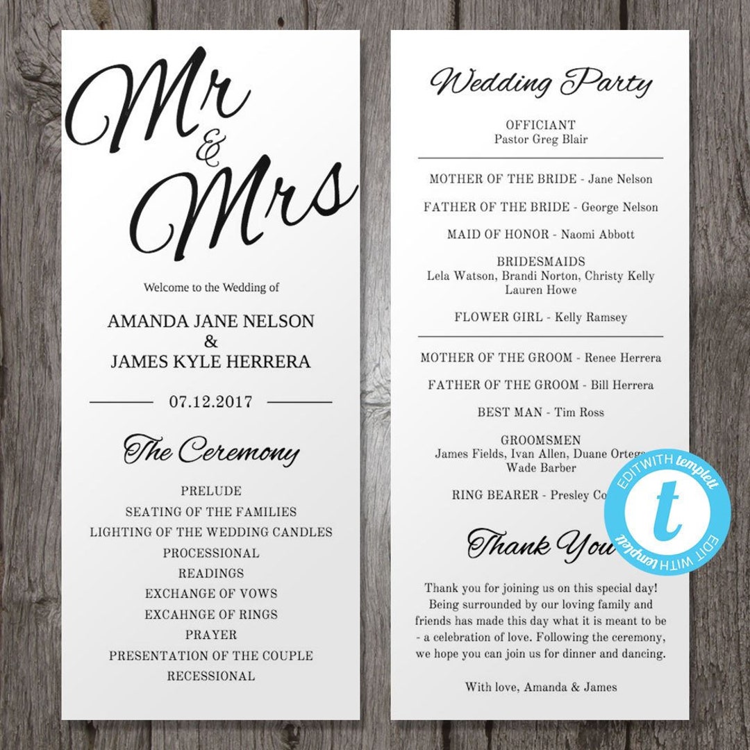 Mr & Mrs Printable Wedding Program Template, Black + White Ceremony ...