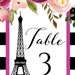 PARIS Table Numbers Template, Eiffel Tower Table Number, Pink Floral ...