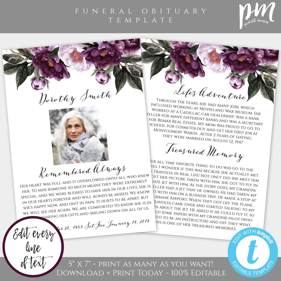 Lavender Floral Obituary Template Front + Back, Memorial Service ...