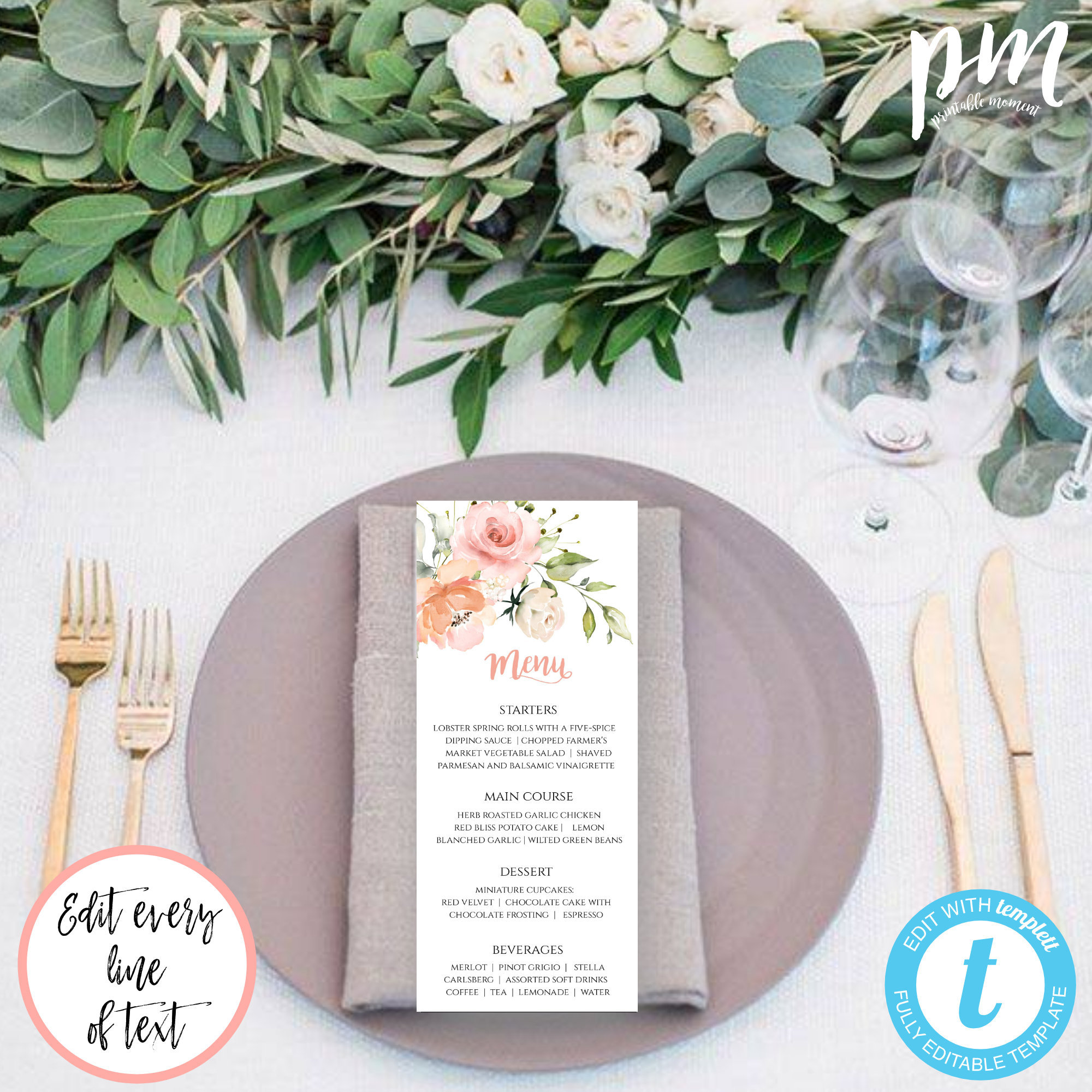 Peach Floral Menu Template Printable Watercolor Menu Card | Etsy