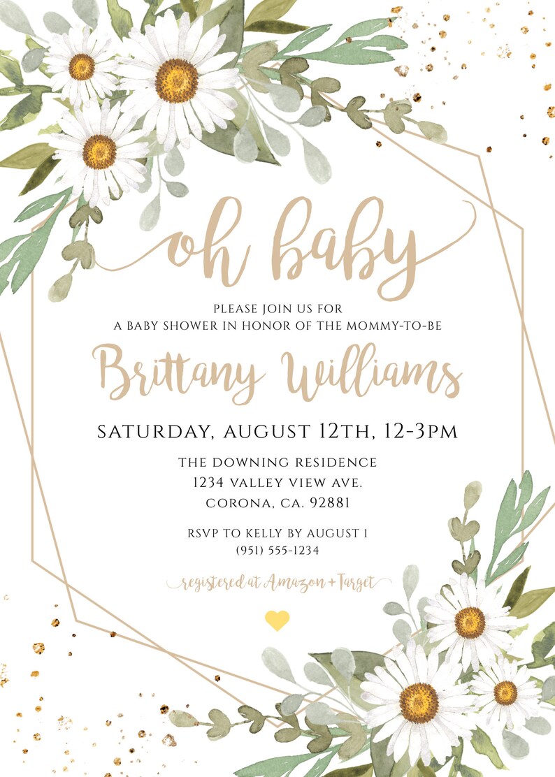 Daisy Baby Shower Invitation Template Set, Editable Gold Geometric Baby ...