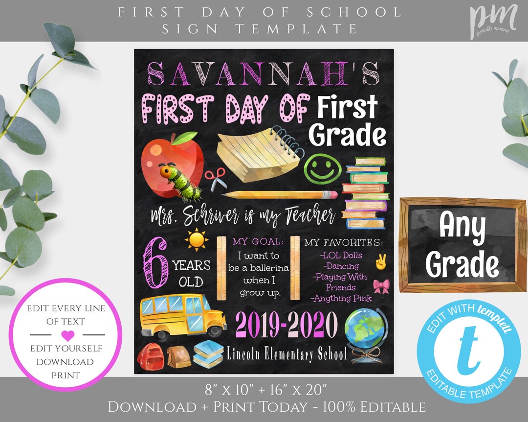 Back to School Template for Girl - Any Age, Editable First Day of ...