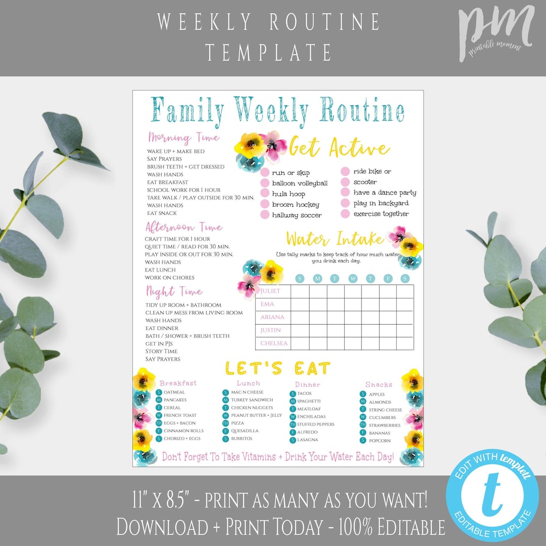 Family Weekly Routine Template Spring Theme, Editable Weekly Planner ...