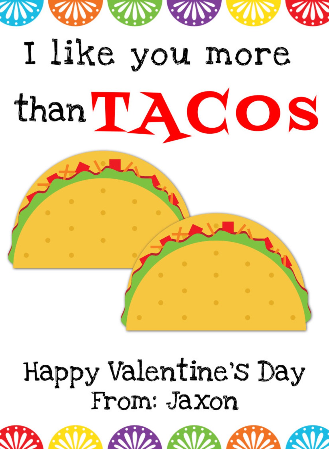 Taco Valentine Card Template Taco Valentines Cards for Kids | Etsy