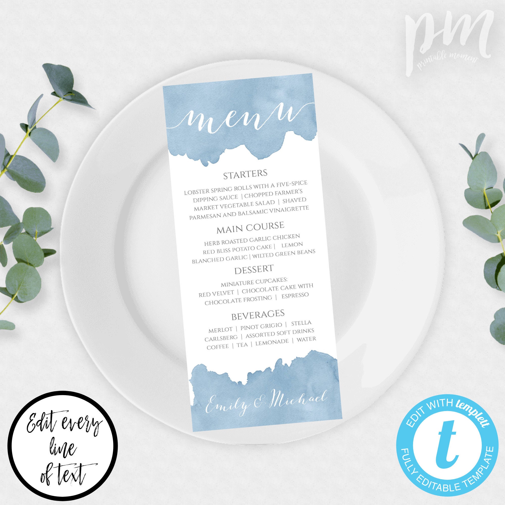 Dusty Blue Menu Template for Wedding, DIY Editable Blue Watercolor Menu ...