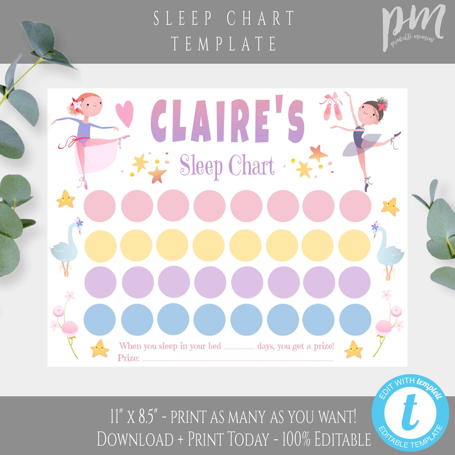 Ballerina Sleep Reward Chart, Sleep Chart Toddler Template for Girl ...