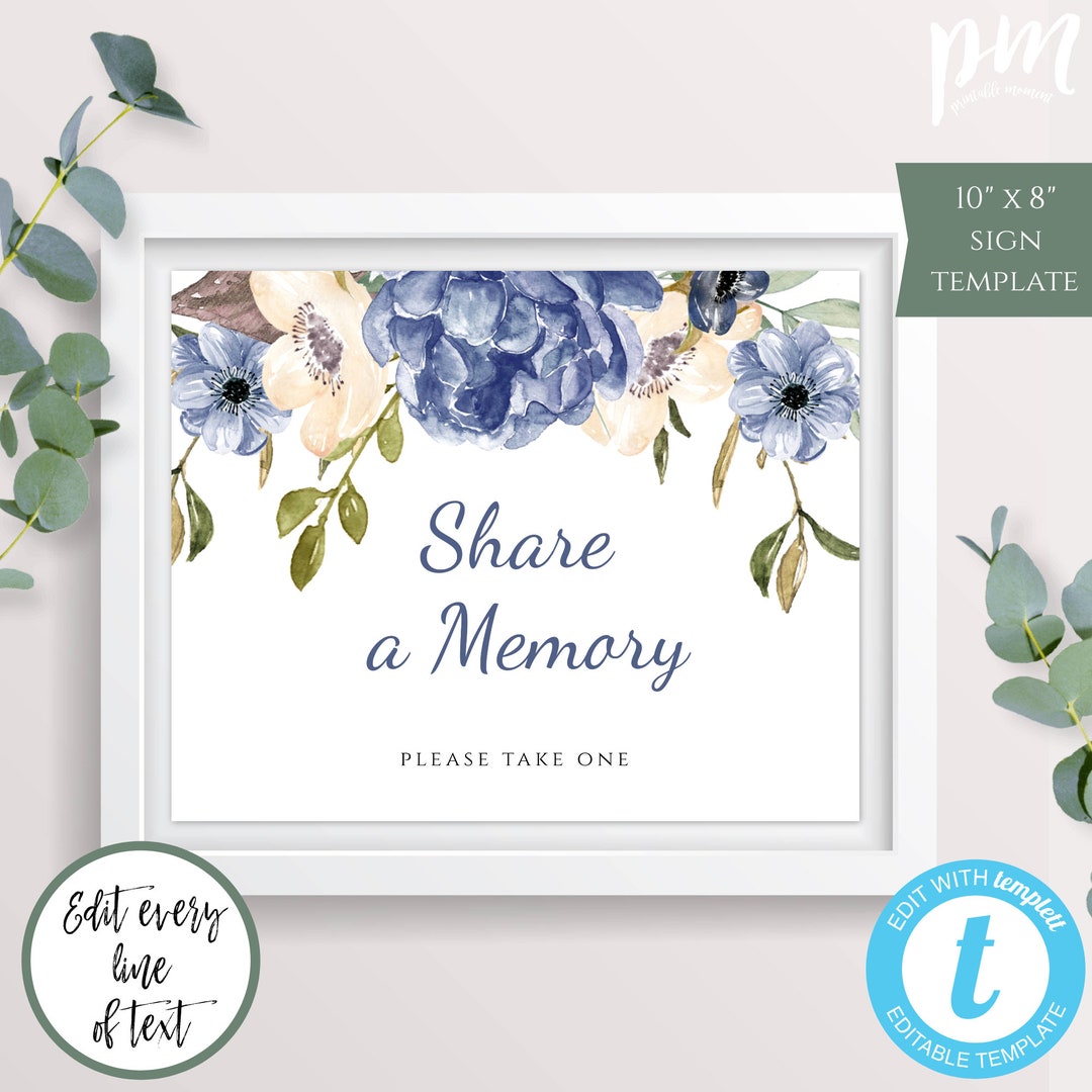 Blue Floral Share a Memory Sign Template for Funeral, Editable Template ...