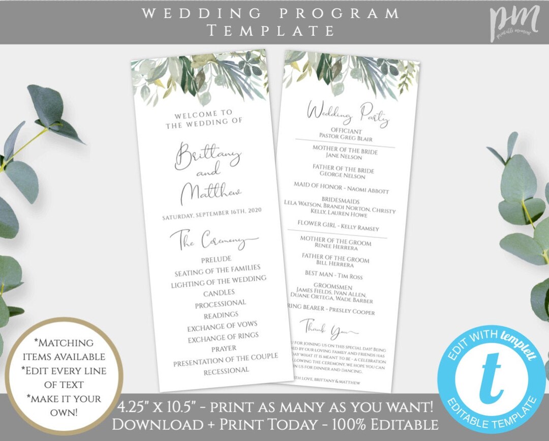 Greenery Wedding Program Template, DIY Printable Ceremony Program, Wedding Template, Editable ...