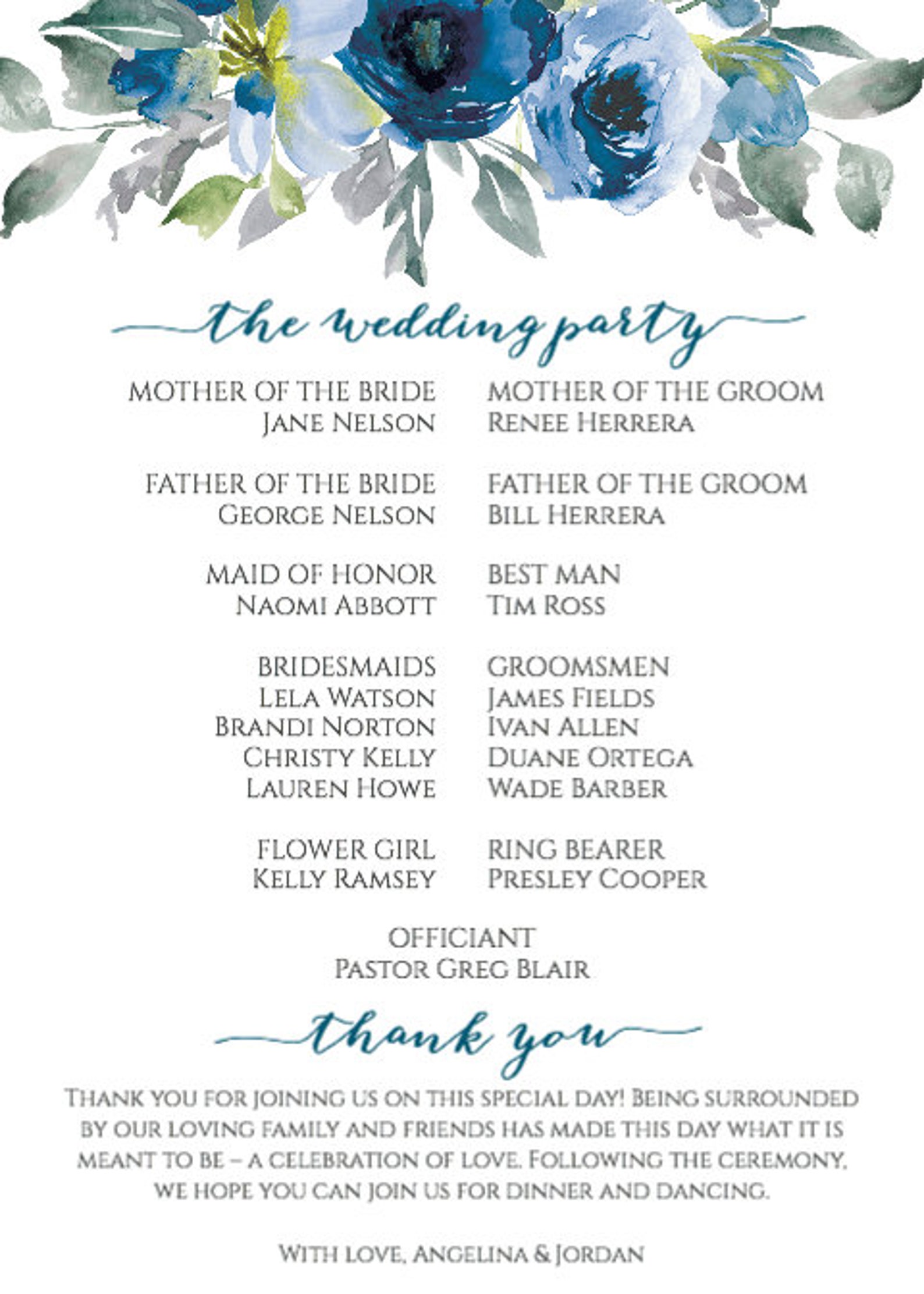 Blue Floral Wedding Program Template Navy Wedding Program - Etsy