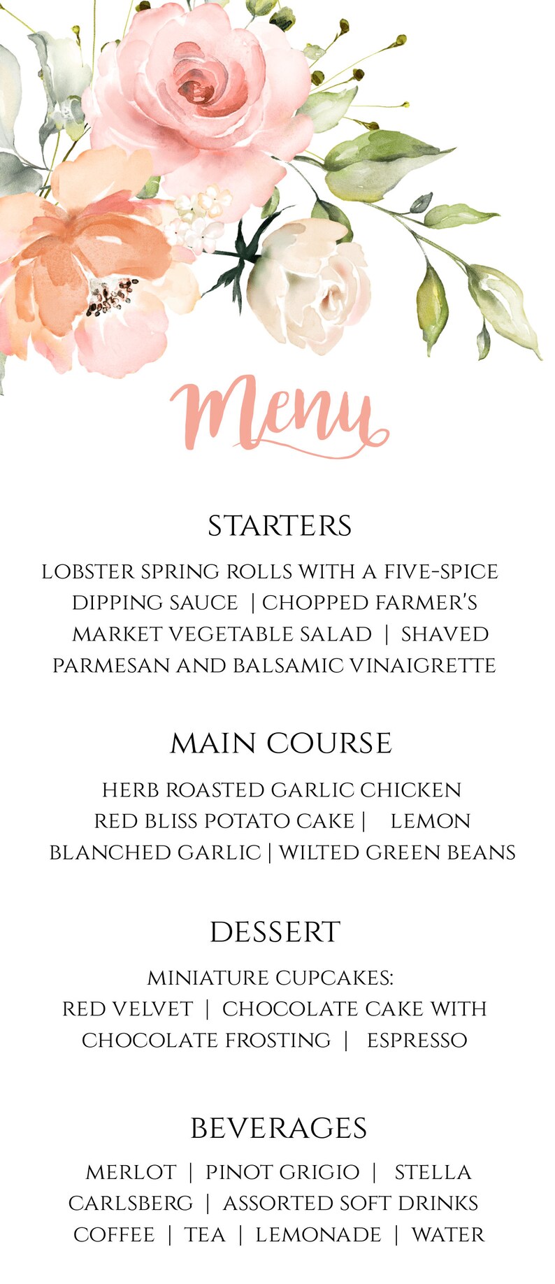 Peach Floral Menu Template Printable Watercolor Menu Card - Etsy
