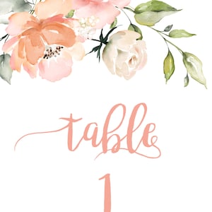 Peach Floral Wedding Table Number Template, 4x6 + 5x7 Printable Table ...