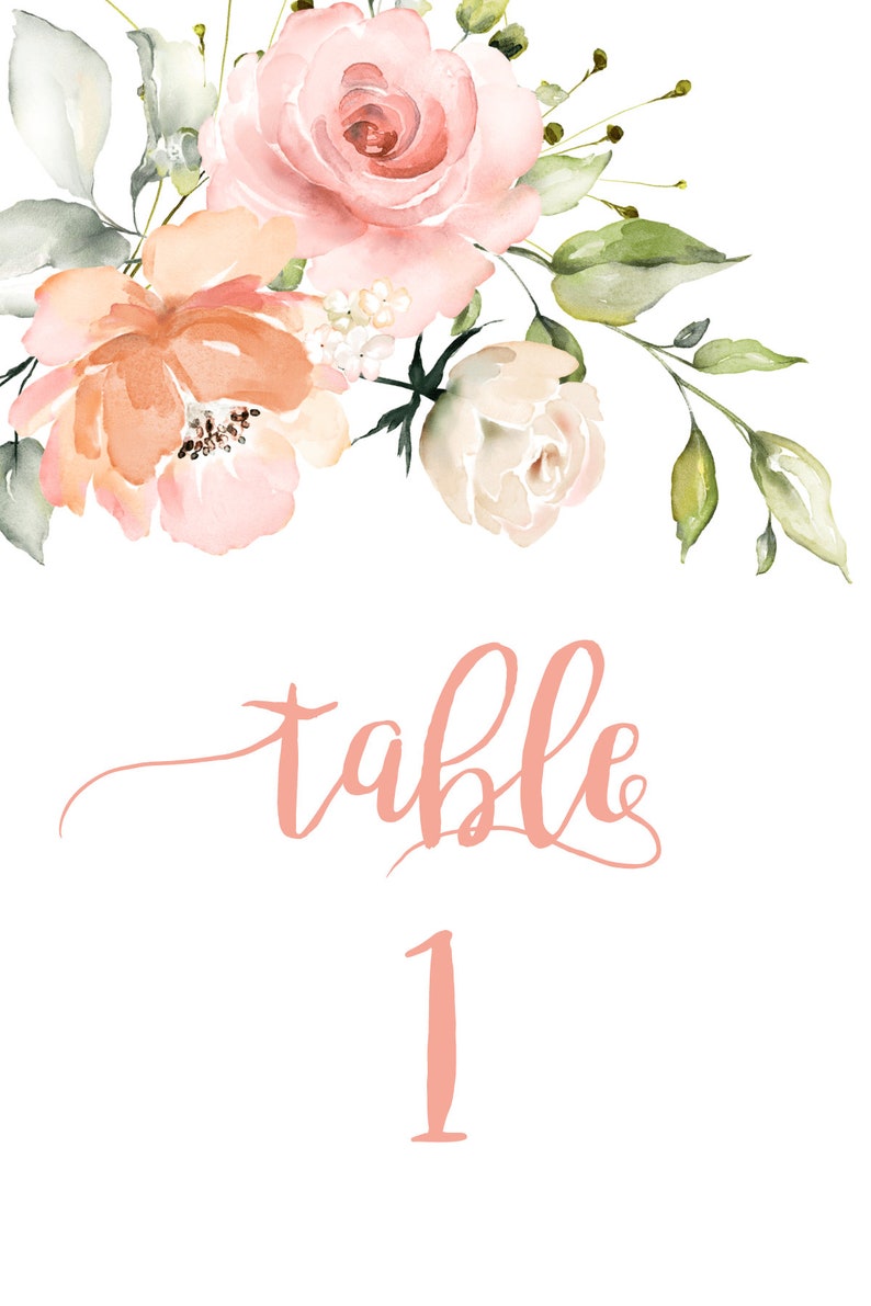Peach Floral Wedding Table Number Template, 4x6 + 5x7 Printable Table ...