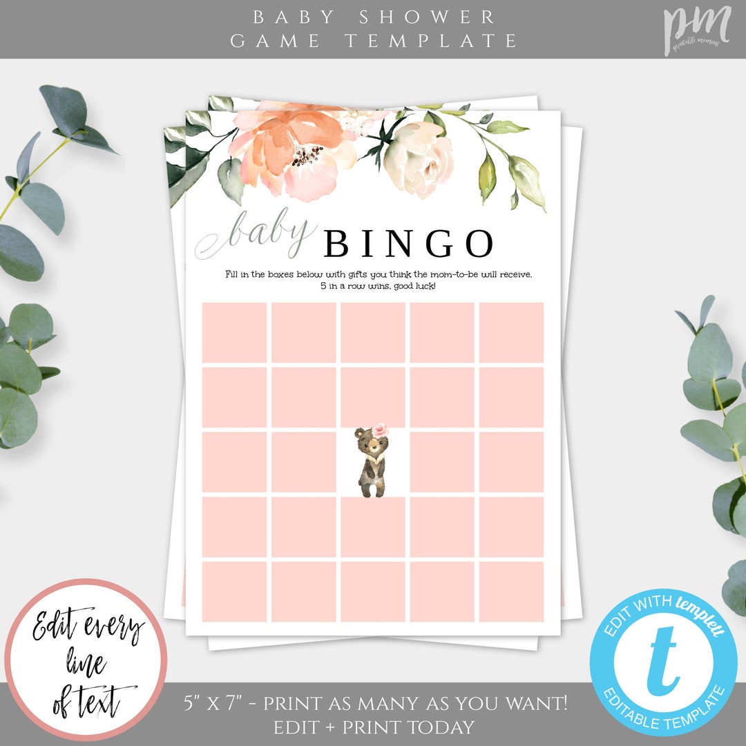 Teddy Bear Baby Shower Bingo Template, Baby Shower Game, Girl Baby ...