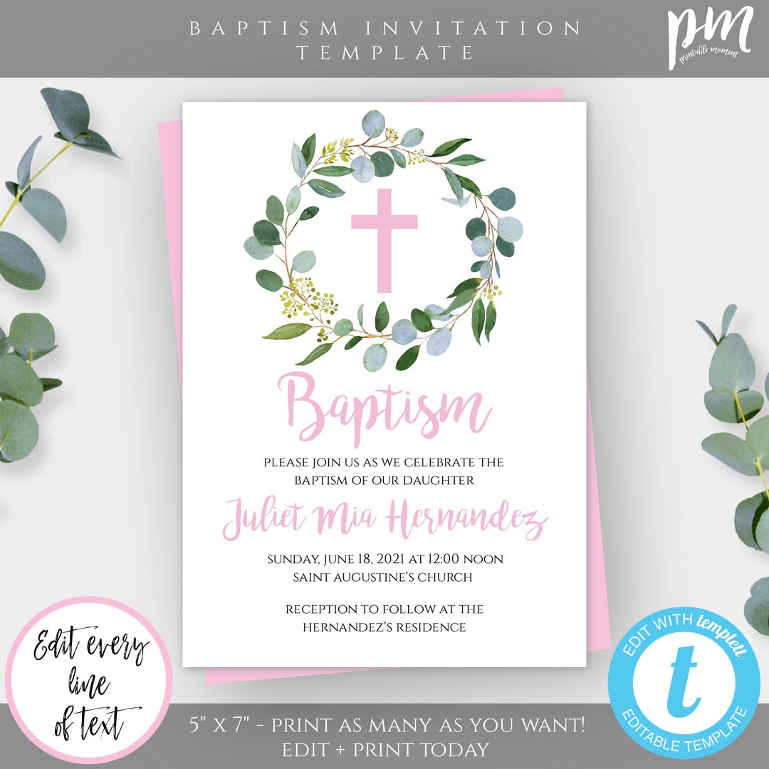 Pink Baptism Invitation Template, Greenery Baptism Invitation ...