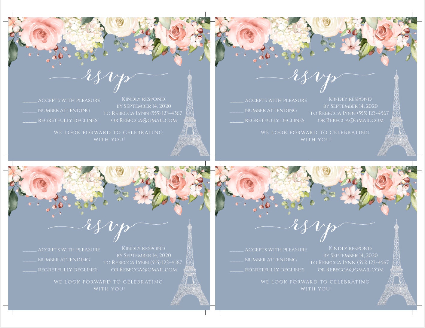 Paris Birthday RSVP Template, Dusty Blue Rsvp, Floral Watercolor ...