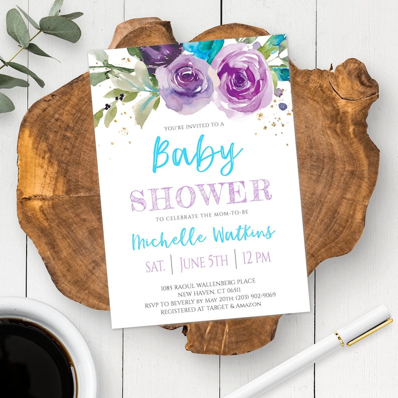 Purple + Teal Baby Shower Invitation Template, Editable Purple Floral ...