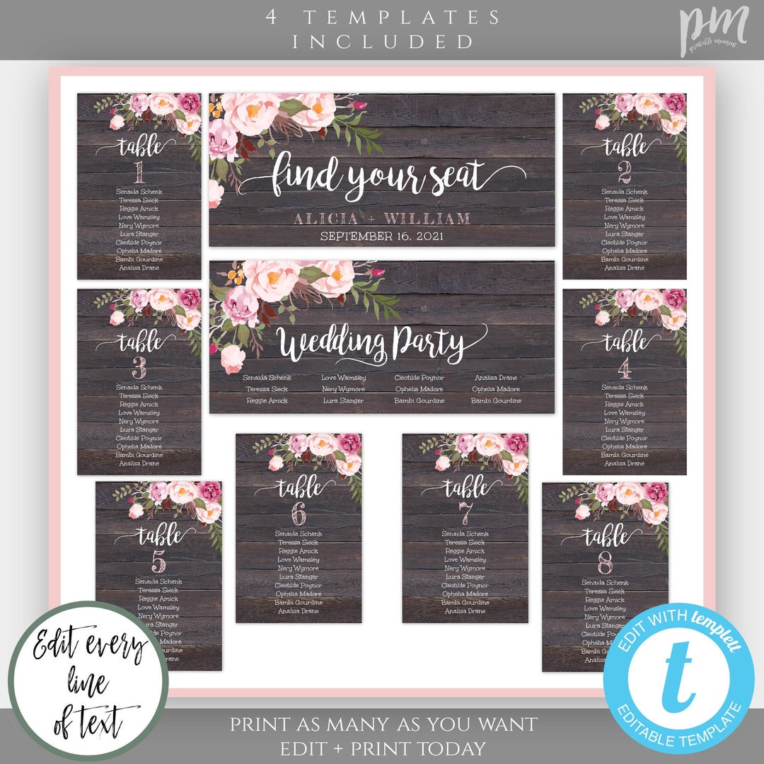 Rustic Wedding Seating Chart Template, Pink Floral DIY Seating Plan ...