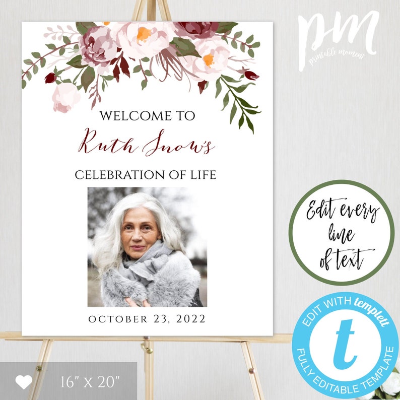 Burgundy Floral Funeral Welcome Sign Template Editable | Etsy
