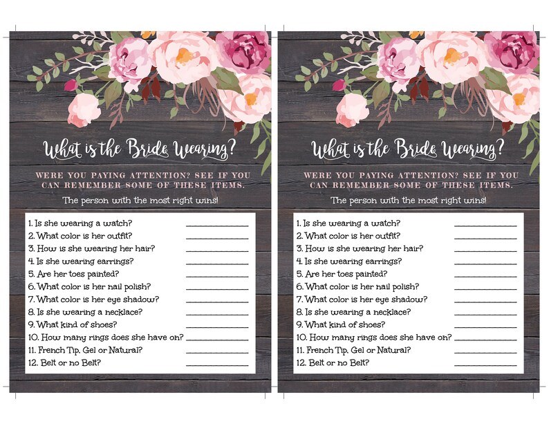 Rustic Floral What is the Bride Wearing Game Template, Bridal Shower ...