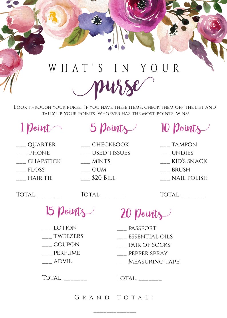 What's in Your Purse Game Template, Purple Floral Bridal Shower ...