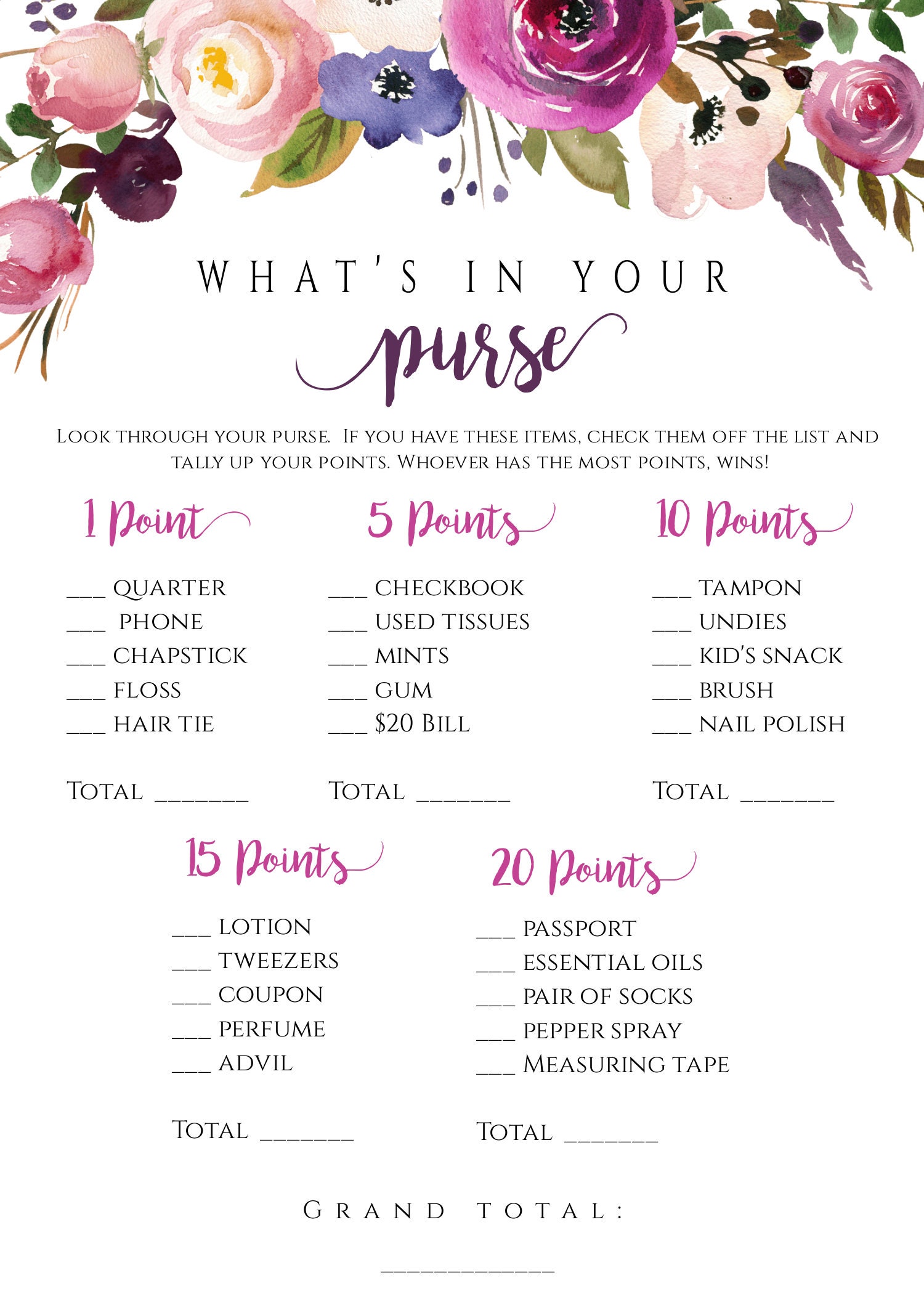 What's in Your Purse Game Template Purple Floral Bridal | Etsy