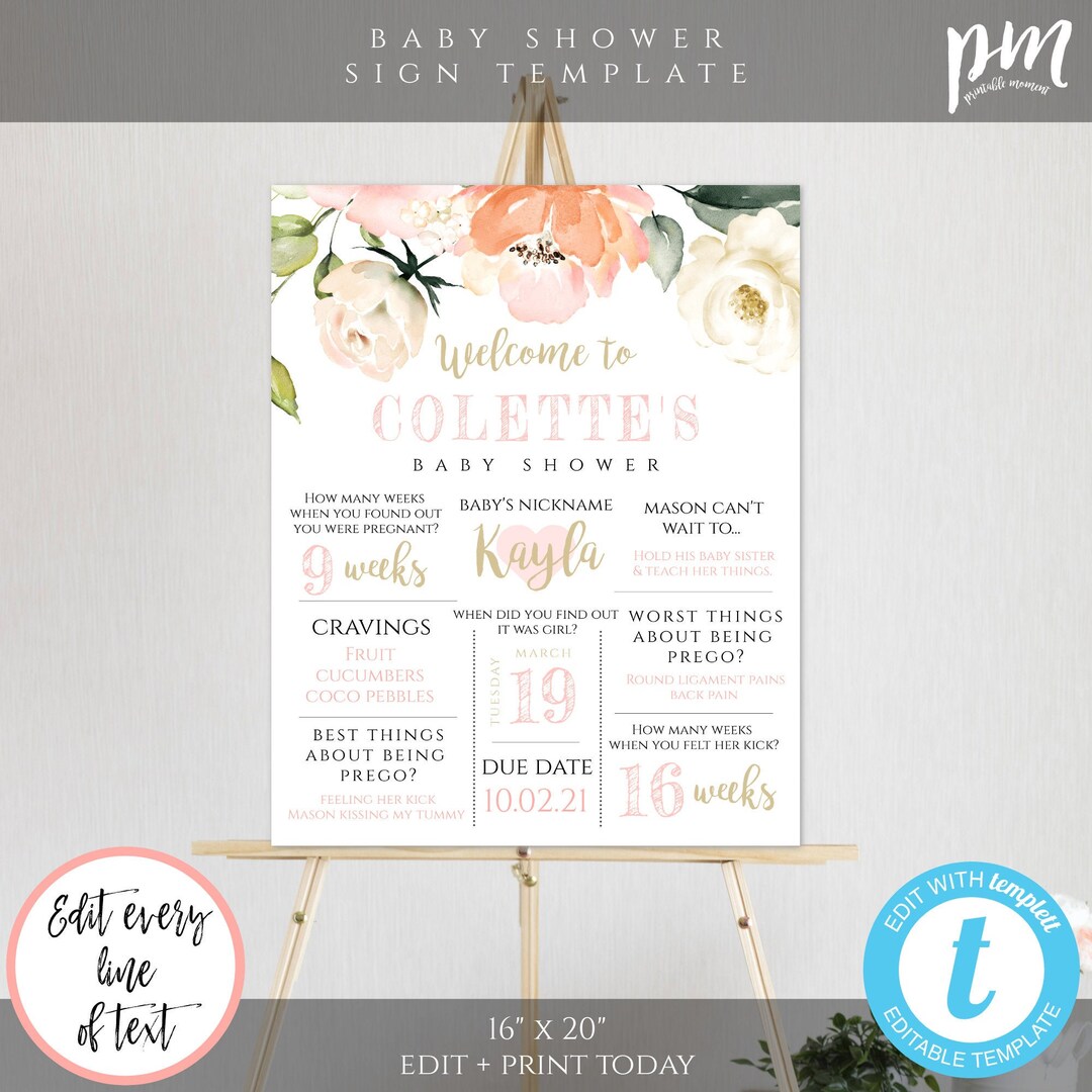 Peach Floral Pregnancy Stat Board Template, Pregnancy Keepsake Poster ...