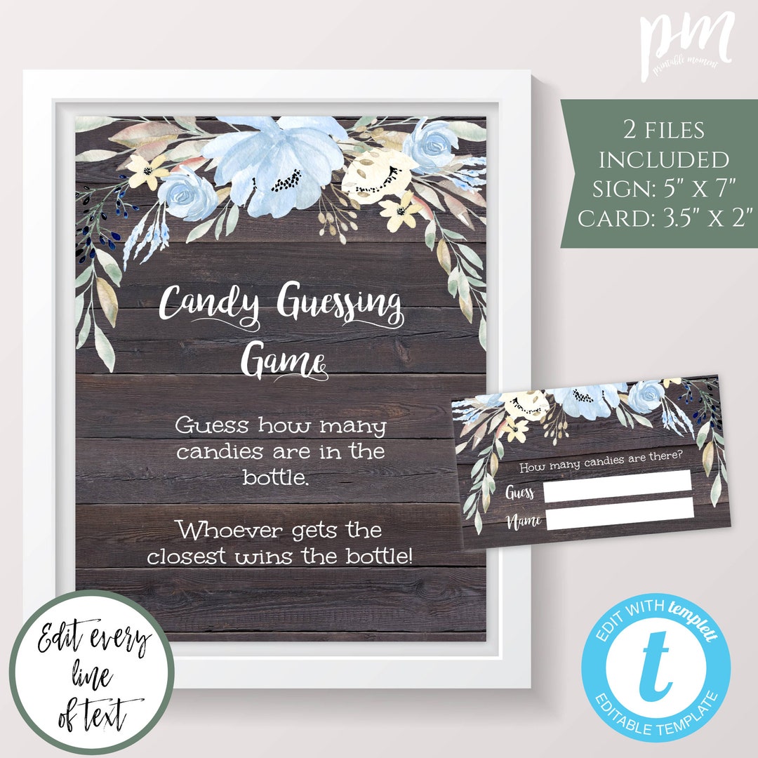 Rustic Floral Candy Guessing Game Template, Boy Baby Shower, Self Edit ...