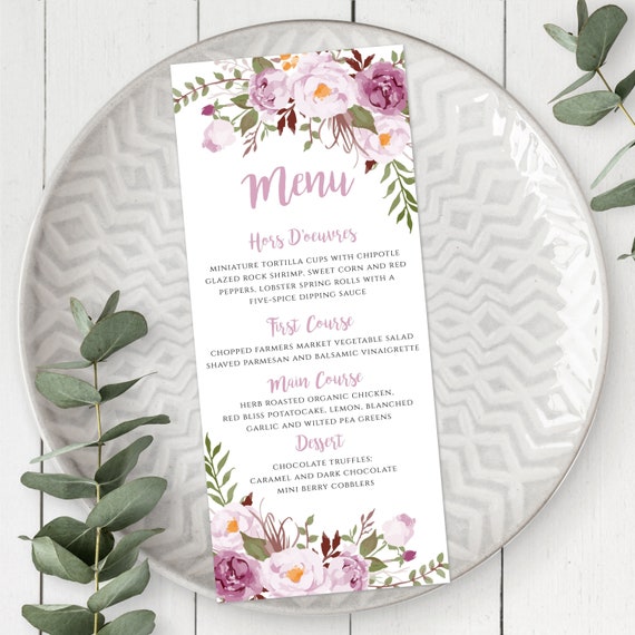 Purple Floral Baptism Menu Template Printable Menu DIY | Etsy