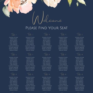 Navy + Gold With Peach Watercolor Flowers Printable Seating Chart ...