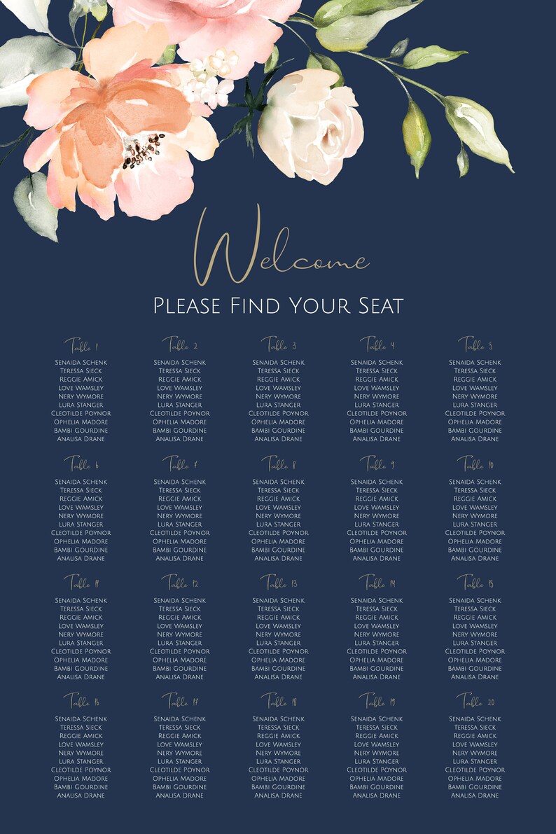 Navy + Gold With Peach Watercolor Flowers Printable Seating Chart ...