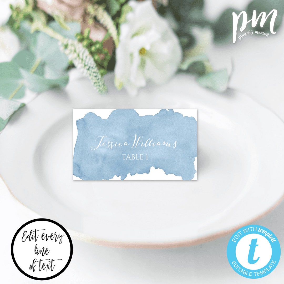 Dusty Blue Place Card Template for Wedding, LIGHT BLUE Watercolor Place ...