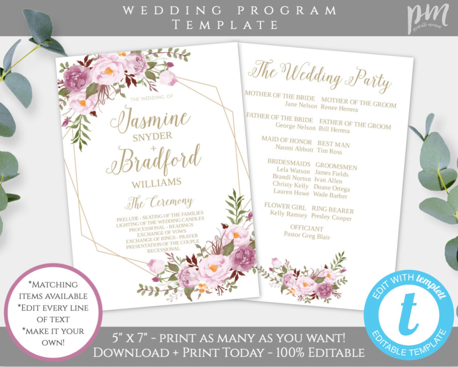 Pink Gold Ceremony Program Template Wedding Ceremony | Etsy