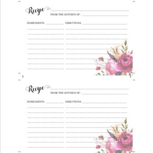 Pink Floral Recipe Card Template, Bridal Shower Recipe Card, Printable ...