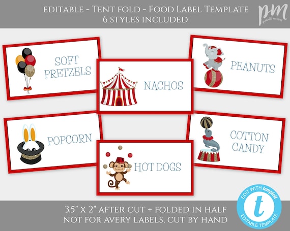 Circus Birthday Party Food Labels Template Tent Fold Carnival - Etsy