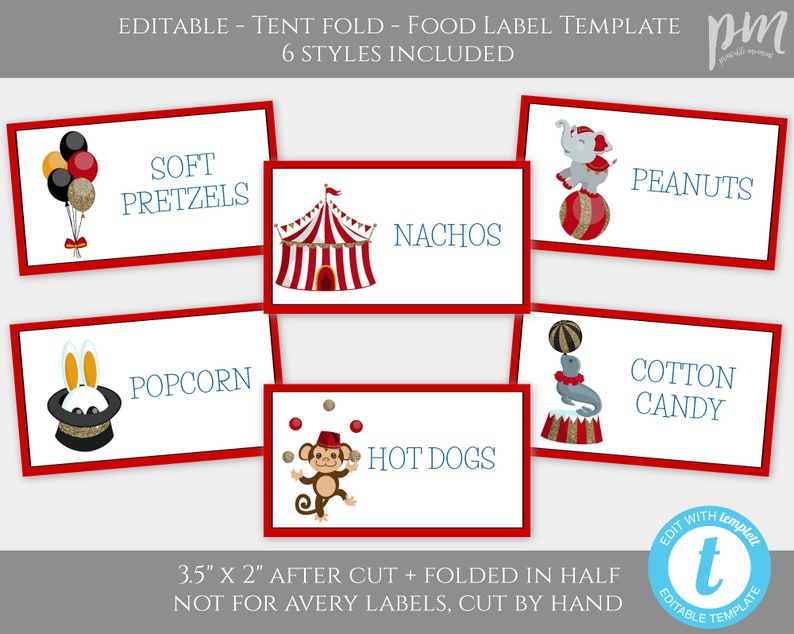 Circus Birthday Party Food Labels Template Tent Fold Carnival - Etsy
