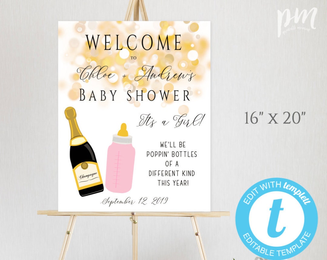 It's a Girl Baby Shower Welcome Sign Template Pink Poppin' Bottles ...