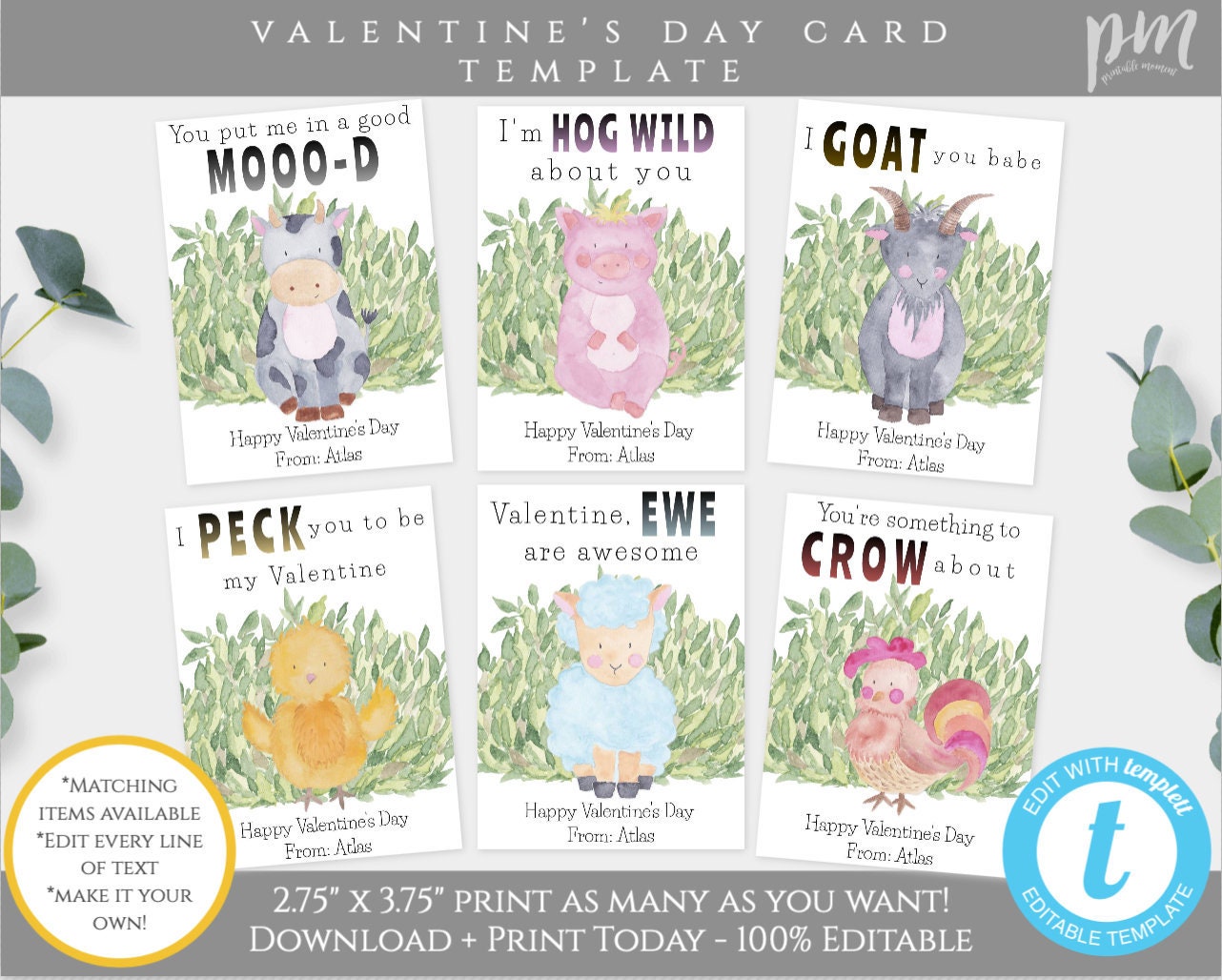 Farm Valentine Card Template Barn Yard Animal Valentines - Etsy