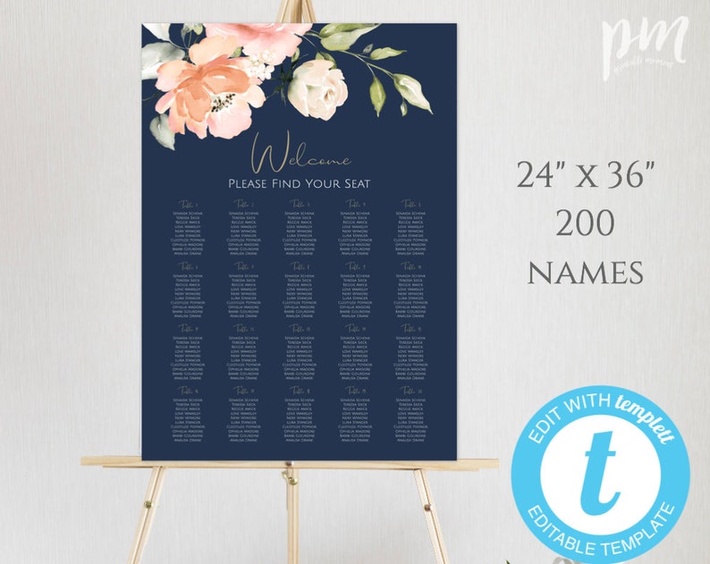 Navy + Gold With Peach Watercolor Flowers Printable Seating Chart ...